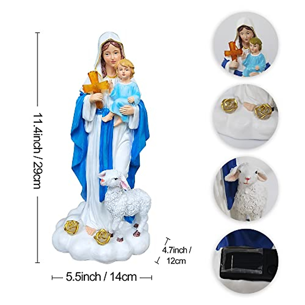 Voveexy Virgin Mary Statue with Baby Jesus, Solar Mother Mary Statue Resin Figurine with Warm White Light Outdoor Decor Sculpture Patio Yard Art Religious Gift for Mother Christmas Day, 11.6Inch