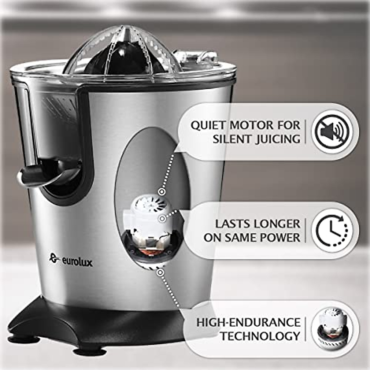 Eurolux Electric Citrus Juicer Squeezer, for Orange, Lemon, Grapefruit, With 160 Watts of Power, Brushed Stainless Steel