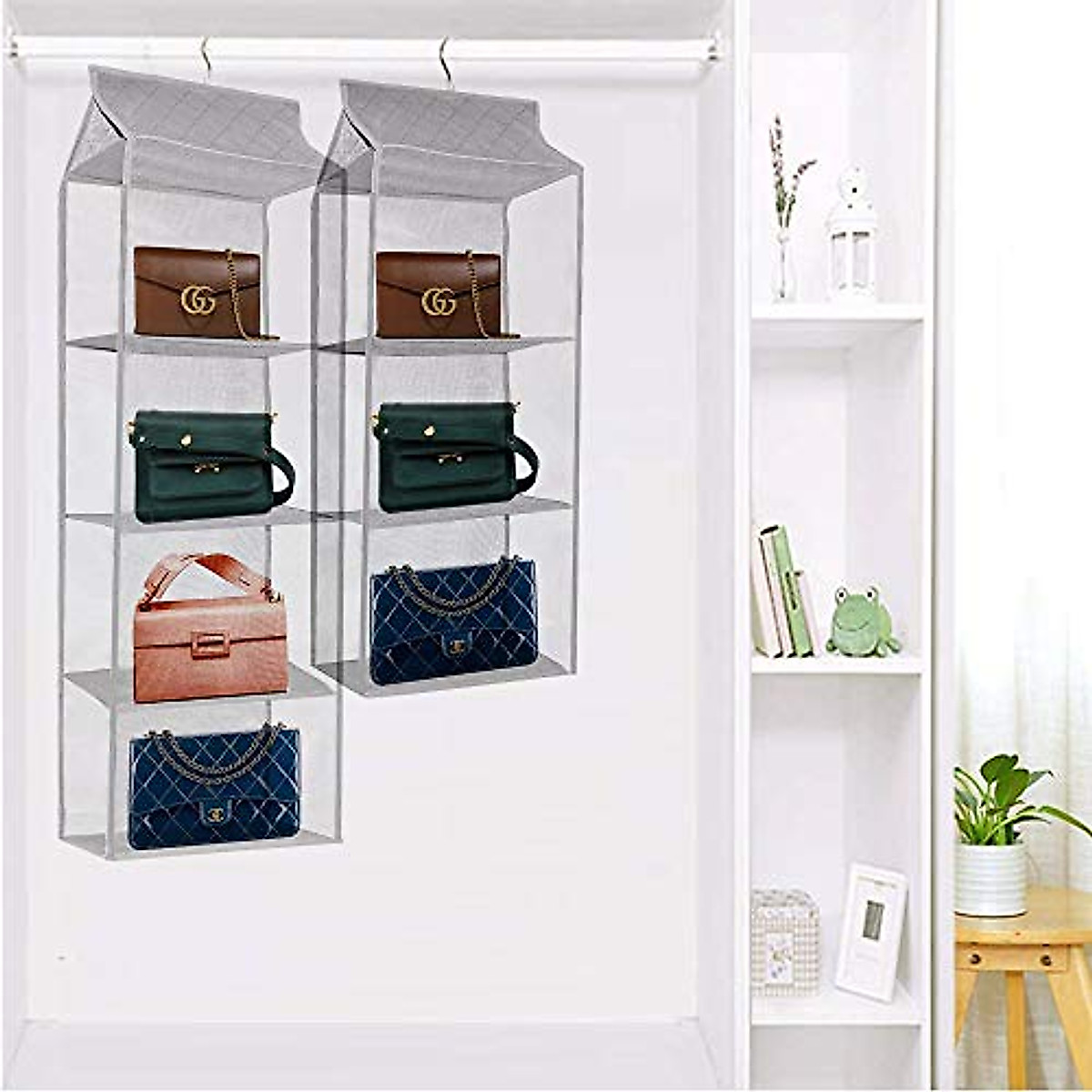 souG 2 Pack Hanging Handbag Purse Organizer for Closet, Purse Bag Storage Holder for Wardrobe Close with 1pcs 4 Shelves Space and 1pcs 3 Shelves Space Saving Purse Organizers System (Grey)