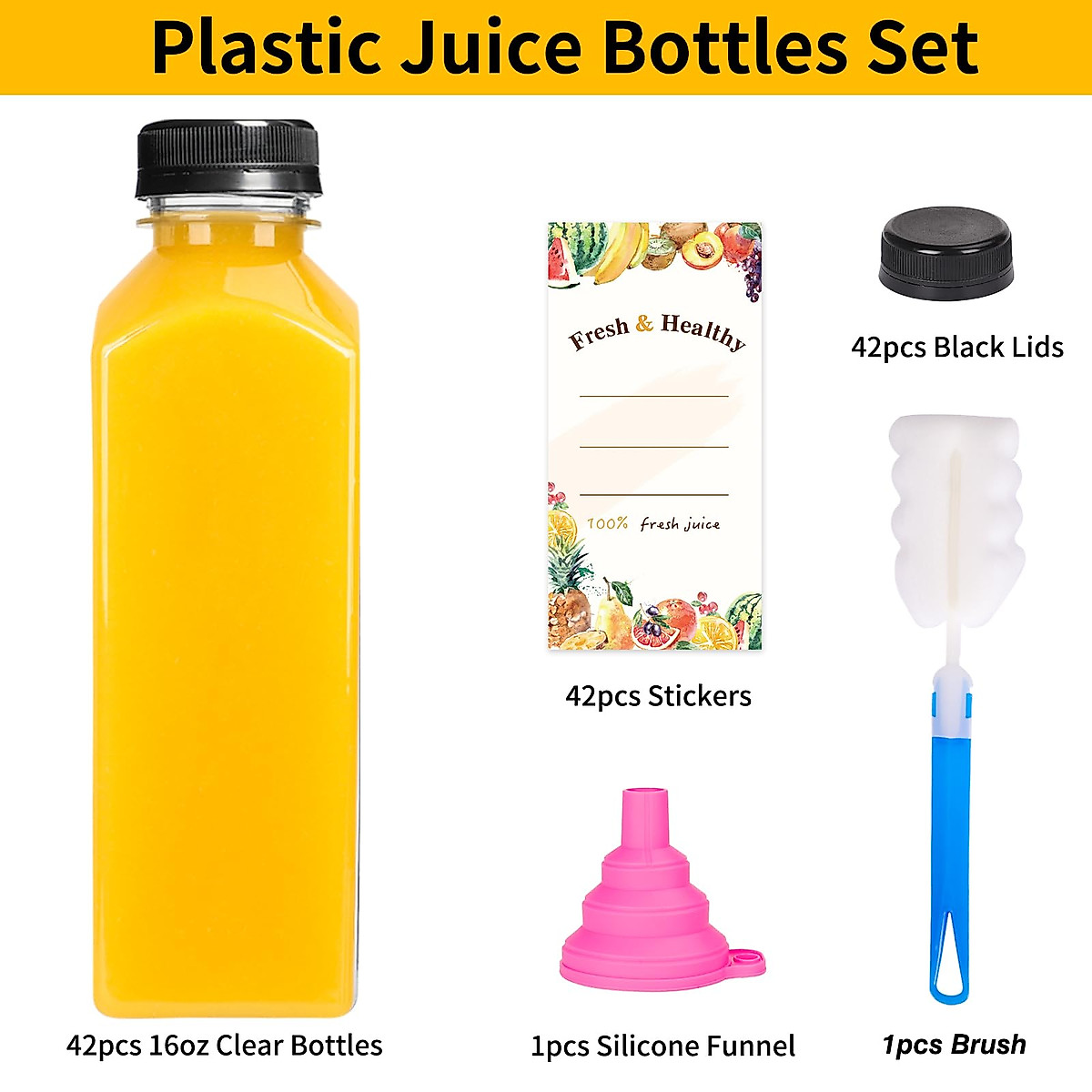 Moretoes 42pcs 16oz Plastic Juice Bottles with Caps, Refrigerator Juice Container with Lid, Reusable Container and Clear Beverage Bottle Can Hold Juice, Smoothies, Milk