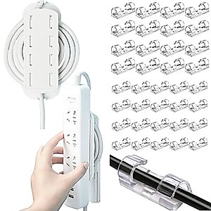 Jasni Self-Adhesive Desktop Socket Fixer Cable Organizer Wall Hanging Power Strip Holder Fixator Plug-in Removable Wall-Mounted Fixer 36 pcs Cable Clips Wire Holder Cord Management (White)