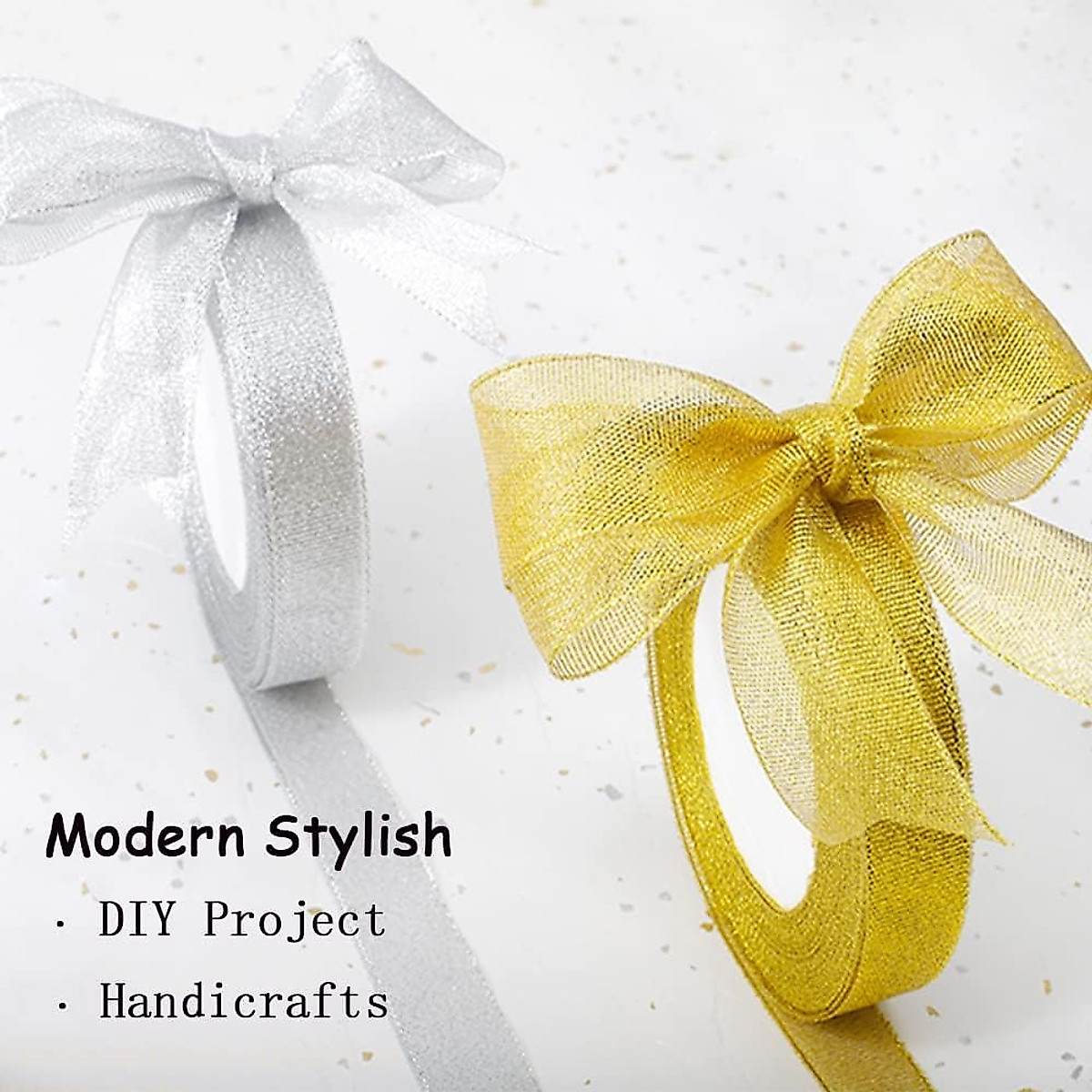 Isaspire 3/8" Width x 50 Yards Metallic Glitter Ribbon with Spool, Silver Glitter Ribbon Perfect for Gift Wrapping, Festival Decoration, Wedding, Christmas, DIY Craft Projects