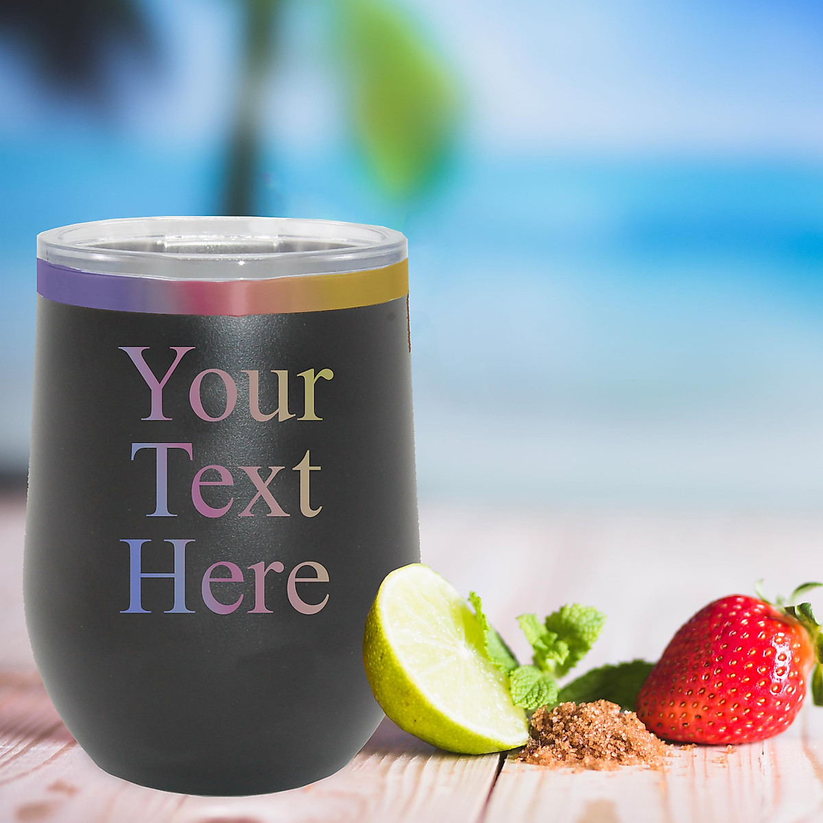 Personalized Insulated Wine Tumbler - Custom Monogrammed Stemless Wine Cup - Your Text Here (Black with Prism)