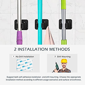 Mop and Broom Holder Wall Mount. Non-slip Stainless Steel Mop Holder Broom Hanger Tool Organizer Self Adhesive. Organization and Storage for Home Garden Garage Kitchen Laundry Room (Black, 4 Pack)
