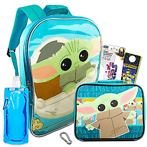 Baby Yoda Backpack and Lunch Box Set - Star Wars School Supplies Bundle with Grogu Backpack and Insulated Lunch Bag Plus Mandalorian Decal, Water Bottle, and More (Mandalorian Backpack for Boys)