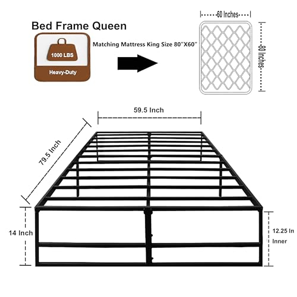 HOMWAYART Heavy Duty Bed Frames Queen Size No Box Spring Needed, Cheap 14 Inch High Black Metal Platform Base De Cama Queen,Clearance Simple Double Bedframe.
