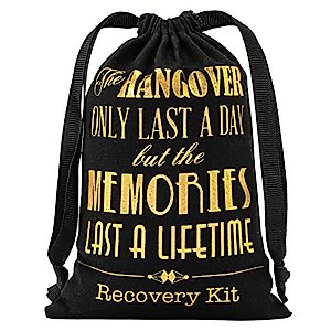 MEJOY 10 Pcs Bridal Shower Party Gift Bags, Black 5x7 Inch GOLD Foil "HANGOVERS", Bachelorette Hangover Kit Bags, Cotton Recovery Kit Bags Muslin Drawstring Bag for Bridal Shower Wedding Party Gift Decoration