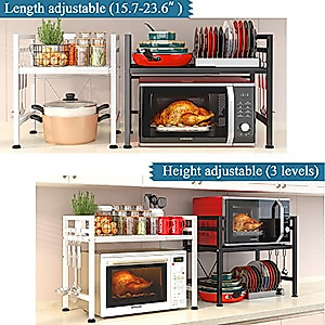 PUSDON Extendable Microwave Oven Rack, Adjustable Microwave/Toaster Shelf Heavy Duty Stand Kitchen Counter Top Organizer(L15.7~23.6" xW12.6 xH18.9), 2-Tier with 3 Hooks, 160lbs Weight Capacity, Black