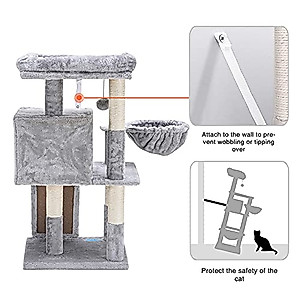 Hey-brother Cat Tree with Sisal Scratching Posts, Cat Tower with Scratching Board,Multi-Level Cat Condo with Basket,Light Grey MPJ014W