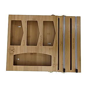 Sandra's Kitchen Supply Bamboo 6-in-1 single piece wall mountable plastic bag foil plastic wrap organizer with cutters - includes hardware