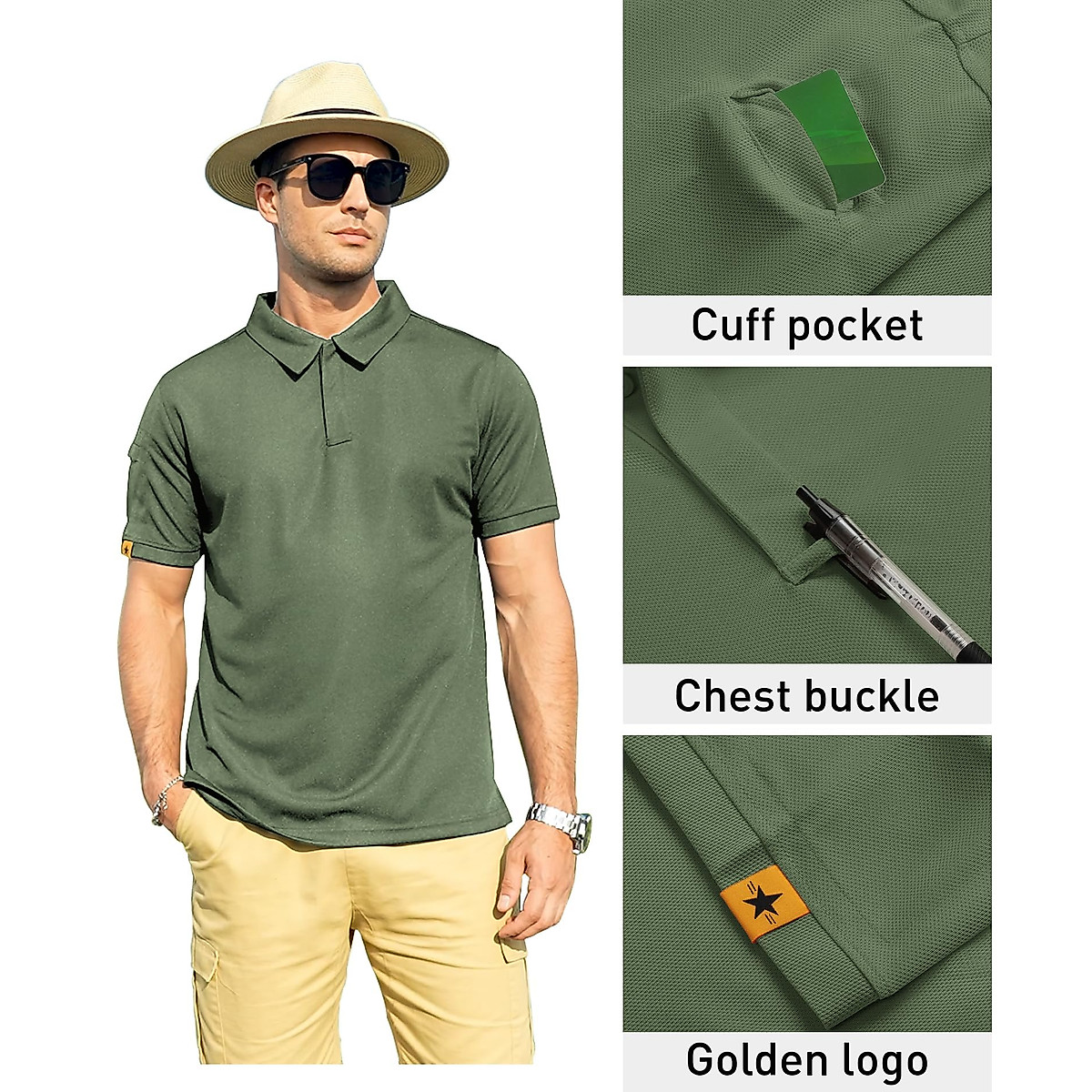 ZITY Mens Polo Shirt Short Sleeve Sports Tactical T-Shirt Athletic Golf Polos Daily Casual Stylish Collared Shirts for Men Green Medium