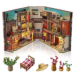 GuDoQi DIY Book Nook Kit, Dollhouse Wood Bookend, Booknook Bookshelf Insert, Miniature Dollhouse Kit, Bookends Model Build for Adult, Gift for Birthday, Chinese Past Street