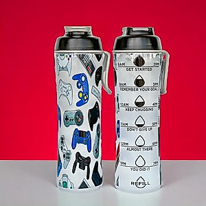 24oz Kids Tritan Water Bottle – Video Game Gamer Theme – BPA-Free, Shatterproof, Lightweight with Hourly Time Markings – Chug Cap & Carry Loop – Reusable for School, Sports & Daily Hydration