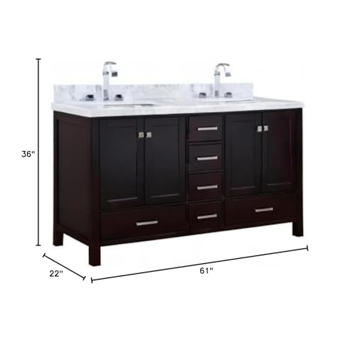 ARIEL Cambridge A061DCWRVOESP 61" Inch Double Sink Bathroom Vanity Cabinet in Espresso with Carrara White Marble Countertop Rectangular Sinks