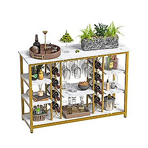 Teraves Modern Wine Rack Table, 47 Inch Wine Baker's Rack with Storage Shelves, 4 Tier Freestanding Wine Rack for Bar, Buffet, Home Kitchen Dining Room Living Room (White Marbling+ Gold Frame)