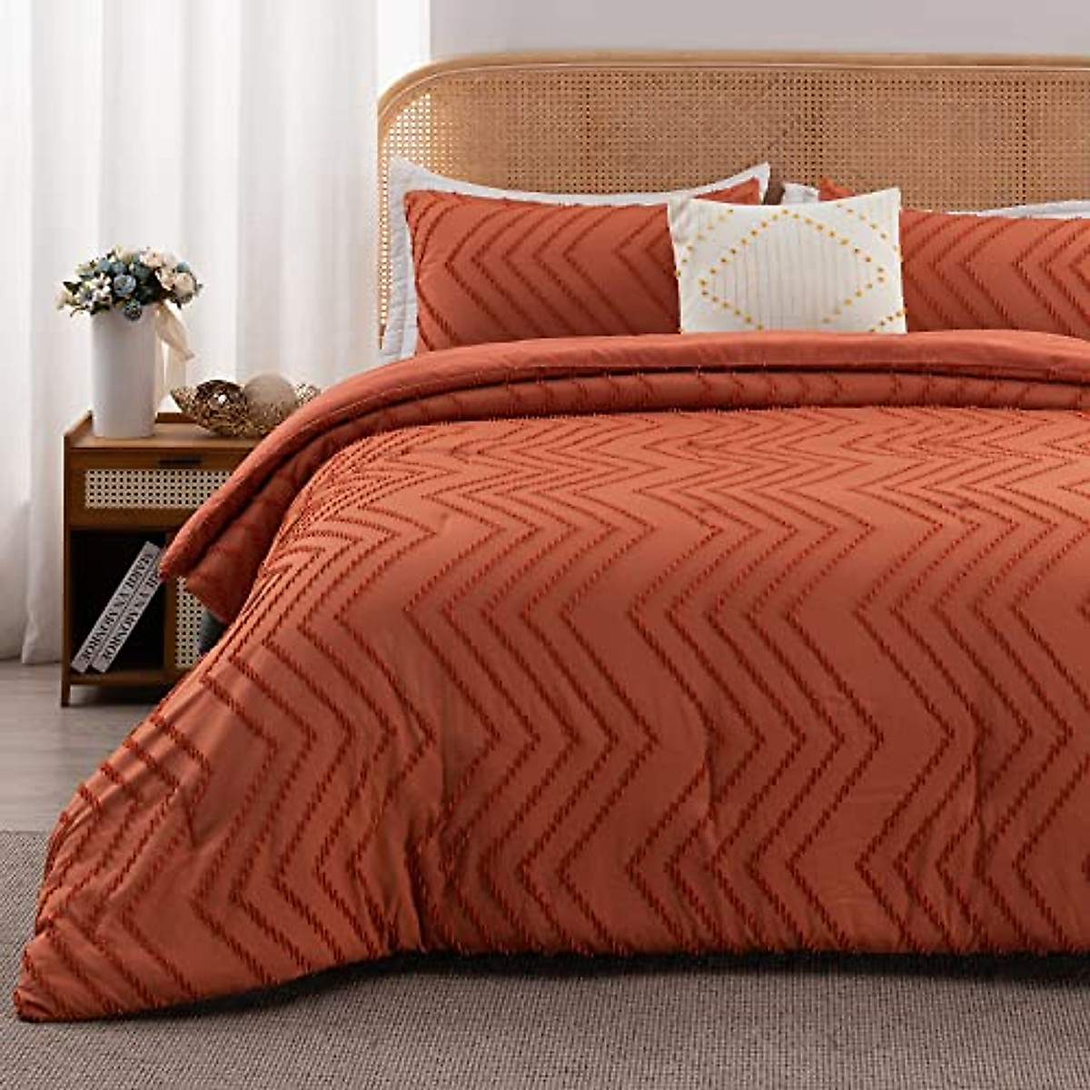 Litanika Comforter King Size Set, Burnt Orange Boho Fall Lightweight Bedding Comforters & Sets for King Bed, 3 Pieces Chevron Tufted Bed Set