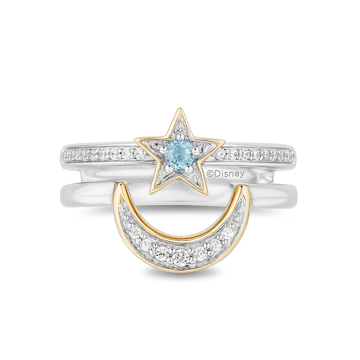 Jewelili Enchanted Disney Fine Jewelry Sterling Silver and 10K Yellow Gold 1/6 CTTW Diamond, Swiss Blue Topaz Aladdin 30th Anniversary Jasmine Star & Moon Ring Size 8