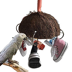 Bird Training Toys Coco Shell with Mini Sneaker Ring Chew Toy, Parrot Cage Hanging Toys for African Grey ,Cockatoo,Macaw