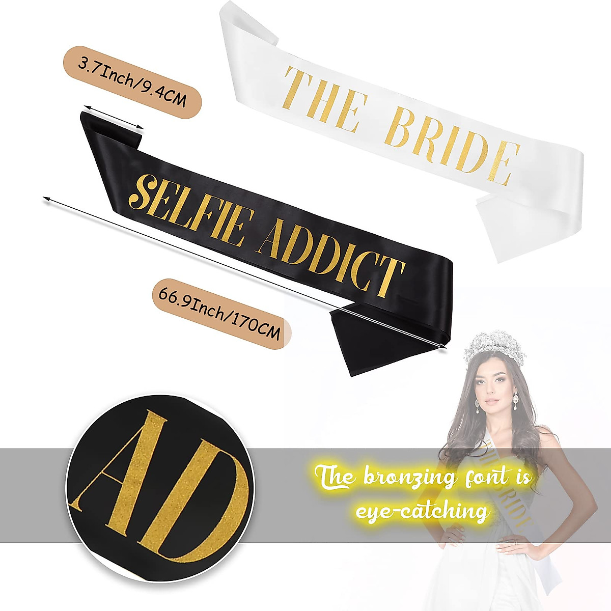 LEIFIDE 10 Pack Bride Sash and Bridesmaid Sash Set Bachelorette Party Sashes Bridal Shower Decorations Bride Gifts Team Sash for Bride Bridesmaids Maid of Honor Party Supplies (Black, White)