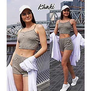 Ekouaer Sexy Loungewear Set for Womens Rib-Knit Outfits Camisole Top with Shorts Lounge Pj Set Khaki Black Plain Blue,Medium