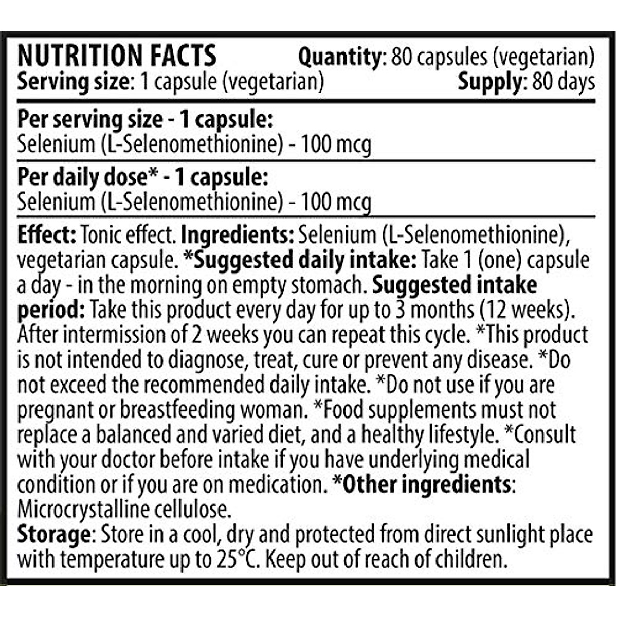 Selenium | 80 Vegetarian Capsules x 100mcg (80 Days Supply) | Maintenance of Normal Hair | Nails | Immune System & Thyroid Function