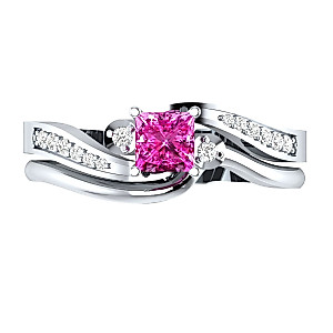 IDEALJEWEL95 Women's 0.75 ct Pink & White Sapphire Silver Bridal Ring Set Free Size For Engagement/Wedding/Valentines (Ring Size :- 11)