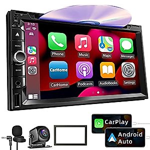 Double Din Car Stereo Radio with CD/DVD Player, 7inch Touch Screen Car Stereo with CarPlay & Android Auto, Backup Camera, Bluetooth 5.1, Mirror link, Subwoofer,SWC, AM/FM Car Radio Receiver, AUX Input