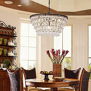 Wellmet Crystal Chandelier, 6-Light 5 Tiers Farmhouse Crystal Light, Adjustable Hanging Bronze Ceiling Lighting Fixture, Modern Foyer Dining Room Chandeliers for Bedroom,Hallway,Bar,Kitchen, W20-inch