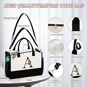 QLOVEA Birthday Gifts for Women Friendship,16oz Heavy Duty Initial Canvas Beach Bags with Strap and Inner Pocket, Unique Wedding Gift for Mom, Friends, Bridesmaids, Reusable Grocery Bag Letter M