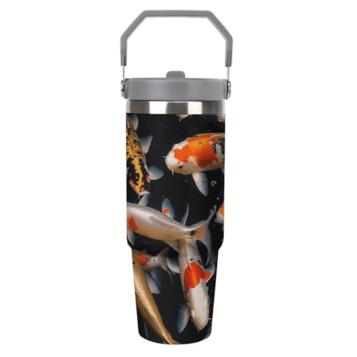 Japan Fancy Carp Fishes 30oz Stainless Steel Insulated Tumbler with Straw & Foldable Handle - Leakproof, Double-Wall Vacuum Travel Thermos for Hot/Cold Drinks, Non-Slip Base, Fit Cup Holders