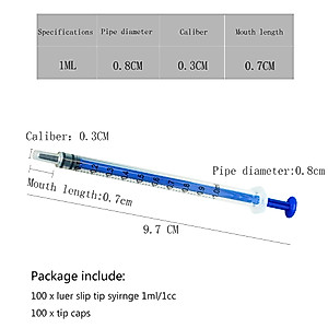 100 Pack Plastic Syringe with Cap, 1ml 1cc Syringe without Needle, Non-Sterile, Not for Injection