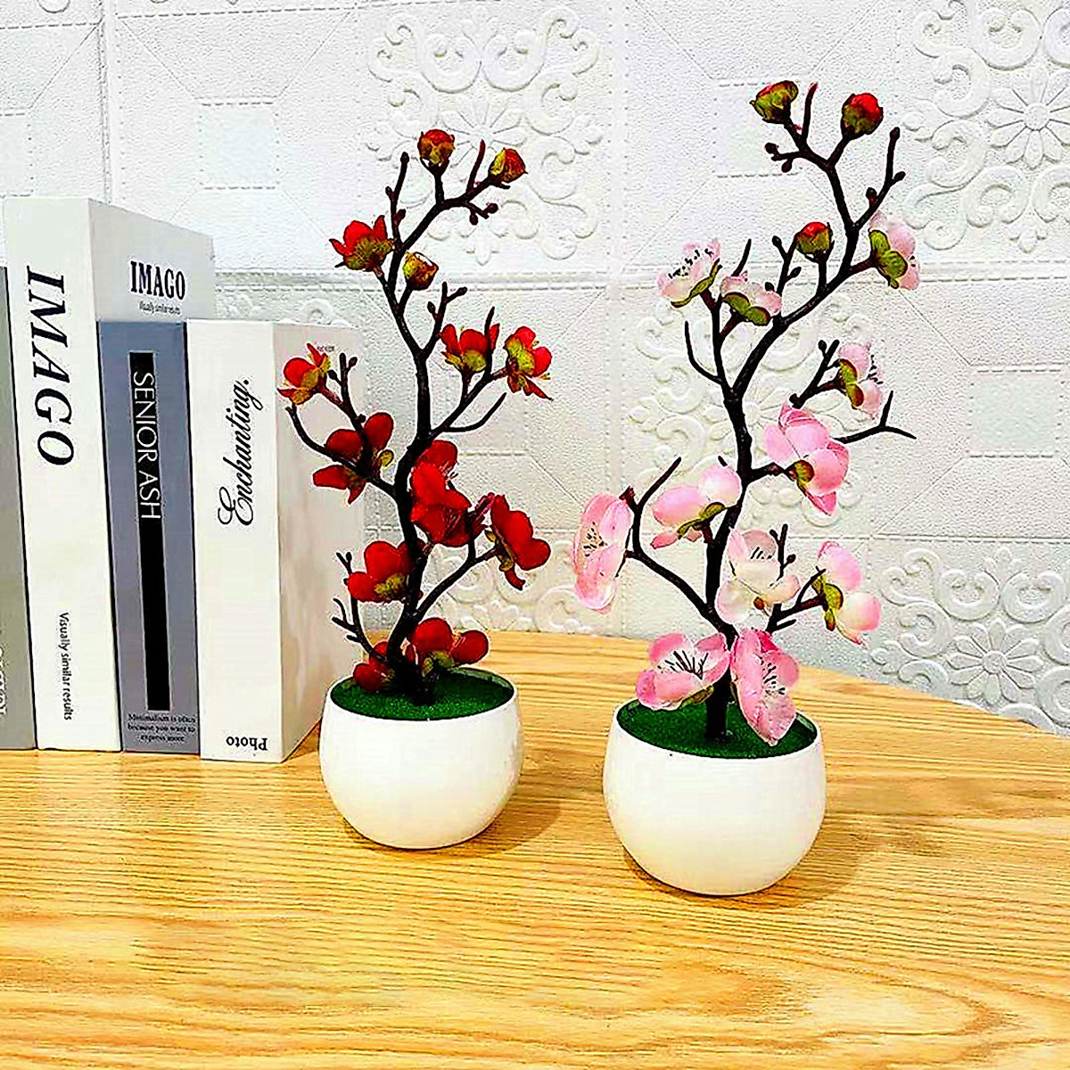 Artificial Flower in Pot Bonsai Realistic Anti Fade Faux Silk Flower Fake Plum Blossom Flower Plants Tabletops Potted Flowers Ornaments Home Hotel Garden Wedding Office Table Decoration White