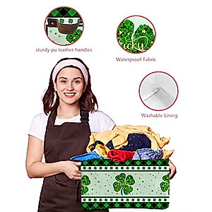 Storage Bins,Spring Four Clover Leaf Green Lattice Lucky Quote St. Patrick's Day Storage Basket with Handles,Waterproof Collapsible Storage Bin,Shamrock Storage Organizer for Shelves Closet