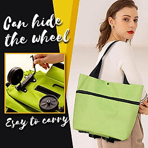 2 in 1 Foldable Shopping Carts for Groceries with Wheels, Waterproof Large Folding Expandable Shopping Bag, Collapsible Washable Cart Grocery Bags Tote Bag Green