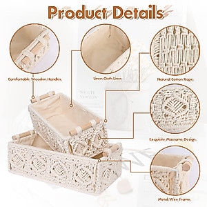 FLMOUTN 2Pcs Macrame Storage Baskets, Handmade Woven Boho Decor Baskets with Wooden Handles, Small Boho Countertop Organizer Bins Boxes for Bedroom Living Room Nursery
