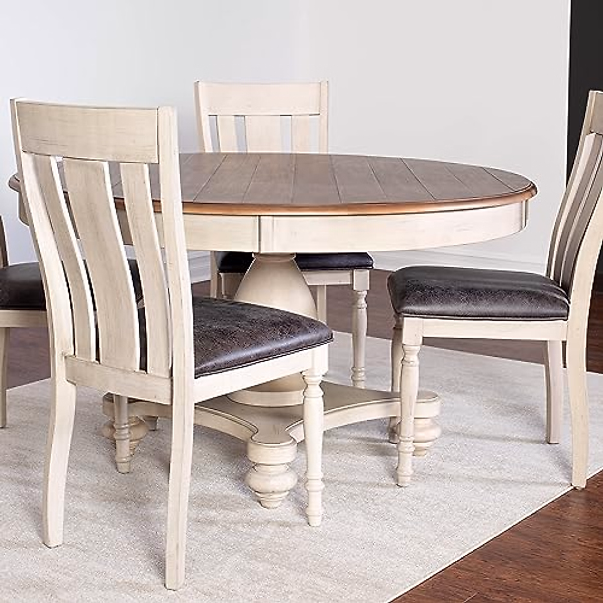 Roundhill Furniture Arch Solid Wood Dining Set: Round Table, Four Chairs, Distressed White and Dark Oak
