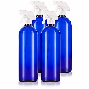 JUVITUS 32 oz Cobalt Blue Boston Round Plastic Bottles with White Heavy Duty Industrial Trigger Sprayer (4 Pack)