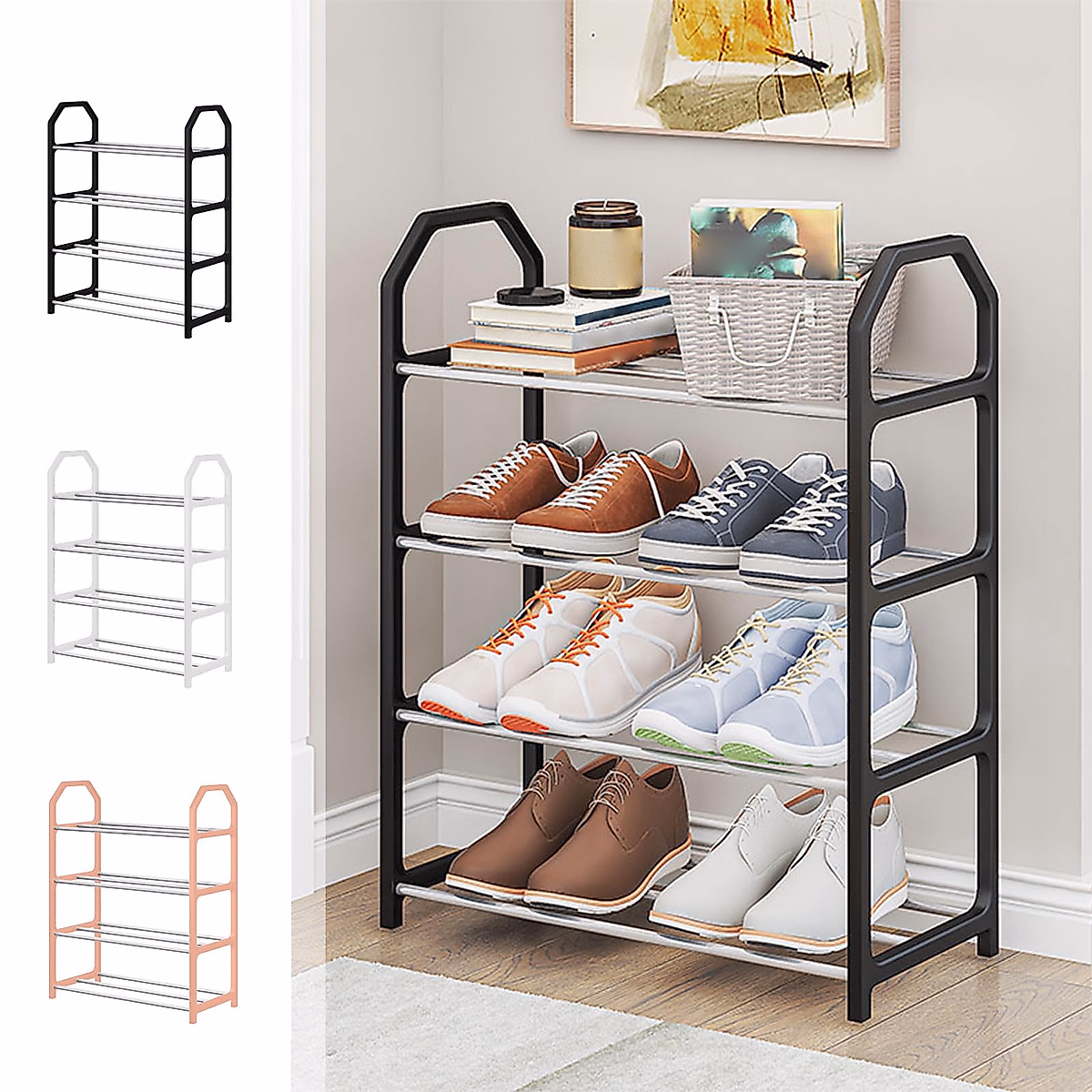 Shoe Rack 4 Layer, Shoe Organizer for Entryway, Storage Shoe Shelf with 4 Tiers Metal Shelves, Assembled Shoe Rack for Bedroom, Closet, Entry, Hallway, Slatted Design for Ventilation Drainage