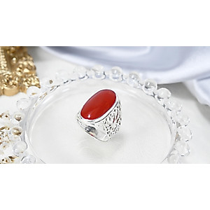 AeraVida Bold Lrg Oval Reconstructed Red Coral Intricate Heart Filigree .925 Sterling Silver Ring (8)