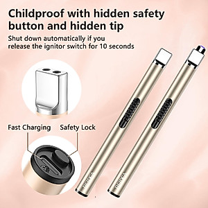REIDEA Electronic Candle Lighter Arc Windproof Flameless USB Rechargeable Lighter with Safe Button for Home Kitchen Champagne Gold