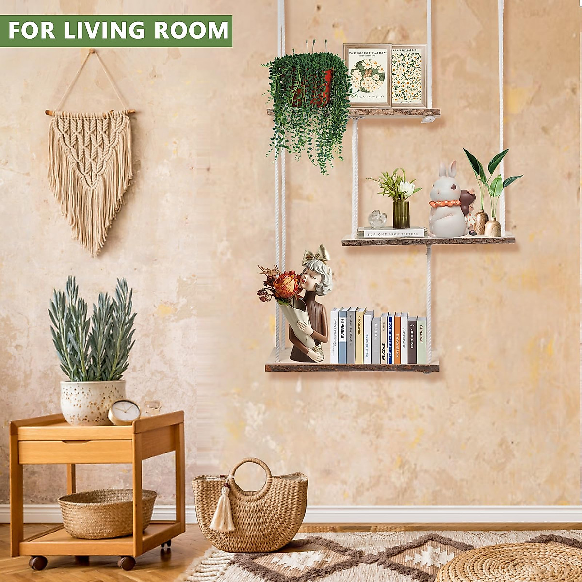 OriCre Floating Shelves Boho Wall Shelves 3 Tier Rustic Wood Hanging Shelves Adjustable Rope Shelf for Boho Aesthetic Room Decor Bedroom/Living Room/Bathroom/Kitchen/Corner/Plant,Book,Décor