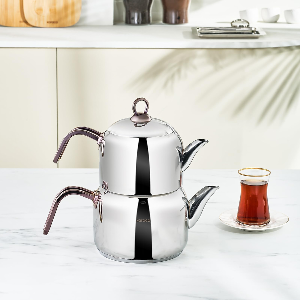 Karaca Manes Medium Turkish Teapot Set - Stainless Steel Teapot with Lid - (Turkish Tea Pot 1.35 Liters & Water Tank 1.95 Liters) - Non-Burning Bakelite Handles Midi Tea Maker & Induction Tea Kettle