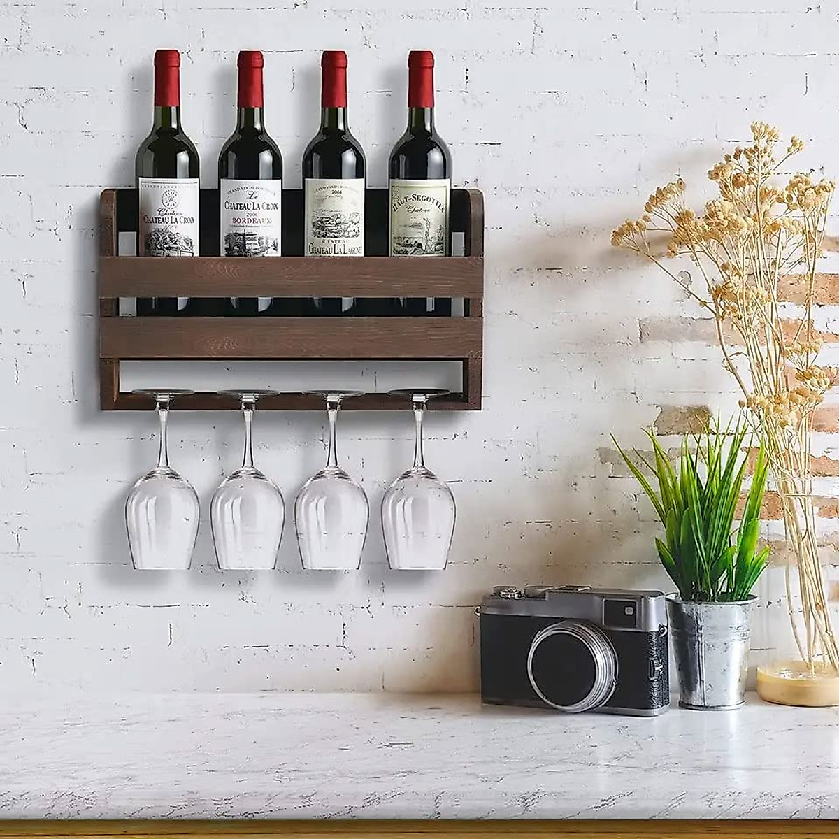 Wall Mounted Wine Rack Storage Shelf | Holds Up to 5 Bottles and 4 Glasses | Easy Mount Hanging Glass and Bottle Holder Organizer Wooden Shelves Modern Display for Home and Kitchen - Rustic Brown