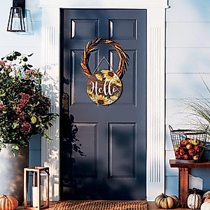 CHDITB Sunflower Welcome Sign Wreath (12''x12''), Rustic Wooden Hello Front Door Decoration Wall Hanging, Round Sunflower Wreaths for Front Door Home Office Farmhouse