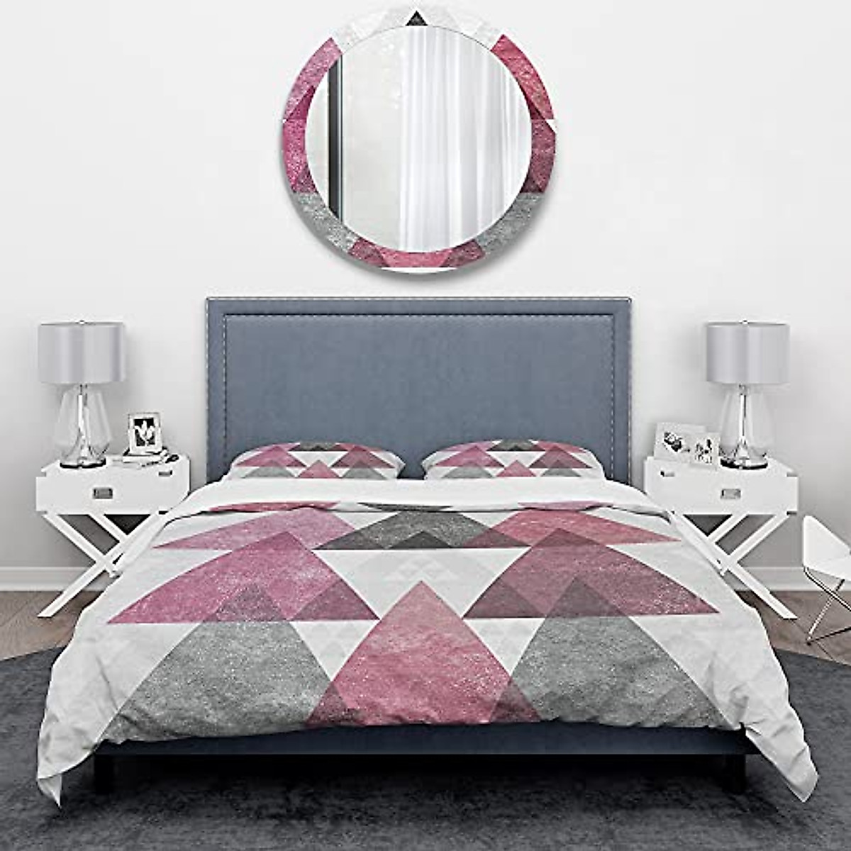 DesignQ Pink Geometric Mod Triangles I Mid-Century Modern Duvet Cover Set, Pink Duvet Cover Set Twin, Abstract Bedding Set of 3 Pieces, All Season Mid-Century Modern Bedding Sets Twin