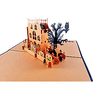 iGifts And Cards Creepy Haunted Mansion 3D Pop Up Greeting Card - Happy Halloween Pumpkin, Friendly Ghost, Evil Witch, Spooky Owl, Large Spider, Black Cat, Fun Birthday Gift, Cute Tombstone & Cemetery