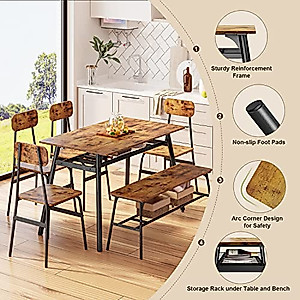 Gizoon Dining Table Set for 6, 6-Piece Kitchen Table and Chairs, Dining Room Table Set with Bench, Storage Rack for Small Space, Home, Apartment, Retro