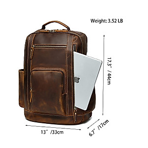 LANNSYNE Men's Vintage Full Grain Leather Backpack for 16" Laptop Travel Hiking Camping Rucksack