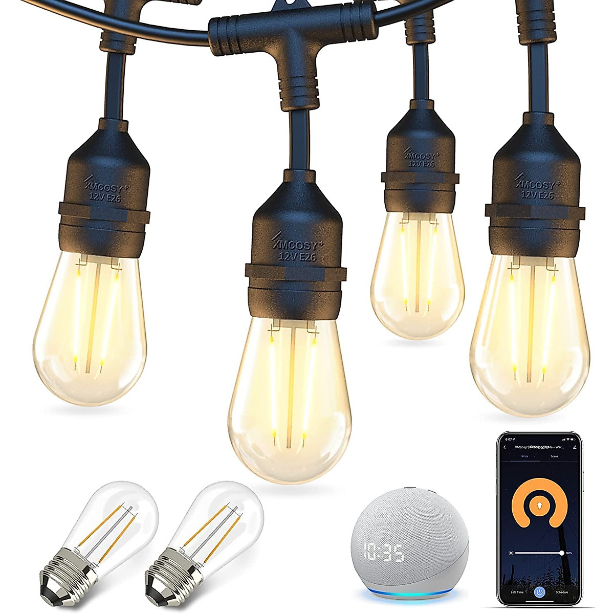 XMCOSY+ Outdoor String Lights, Smart Patio Lights 49Ft, APP WiFi Control, Work with Alexa, 15 LED Edison Bulbs, Waterproof, Extendable, Dimmable String Lights for Outside, Patio, Porch