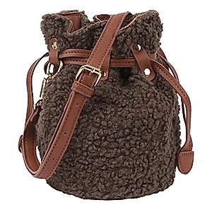 Aisi Women Girls Faux Fur Shoulder Bag Barrel Shape Drawstring Satchel Purse Faux Lamb Wool Crossbody Bag
